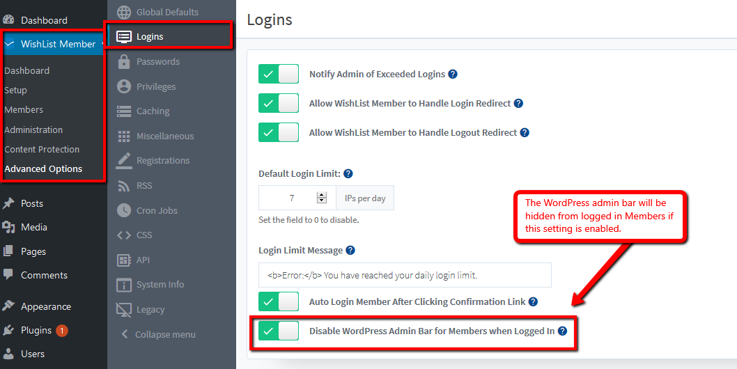 Disable WordPress Admin Bar For Members When Logged In Setting